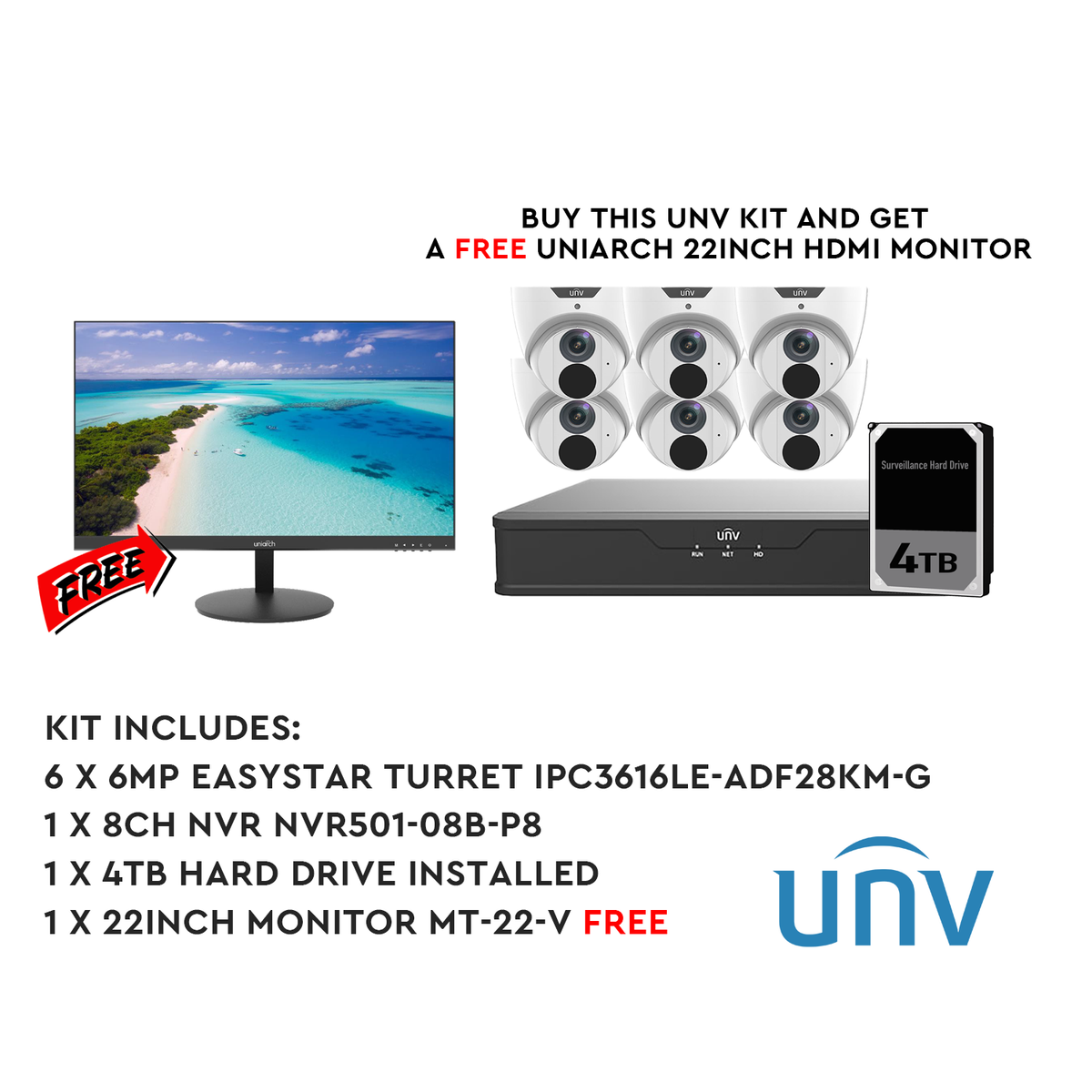Uniview 6MP8CHKIT 6MP 8CH Kit with Free 22" Monitor – Spy Monkey Surveillance