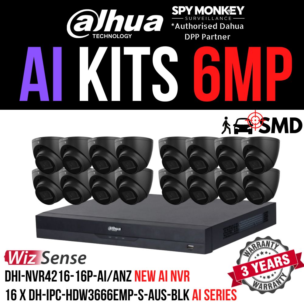 Dahua 2023 Full AI Security System: 16x 6MP Black Turret 3X66 Cams, 16 – Spy Monkey Surveillance