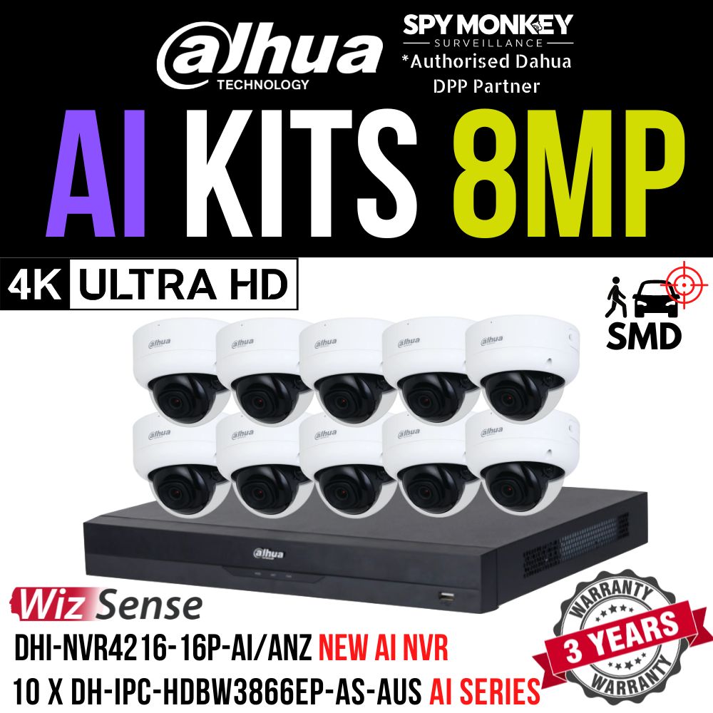 Dahua 2023 Full AI Security System: 10x 8MP Dome 3X66 Cams, 16CH 16MP – Spy Monkey Surveillance